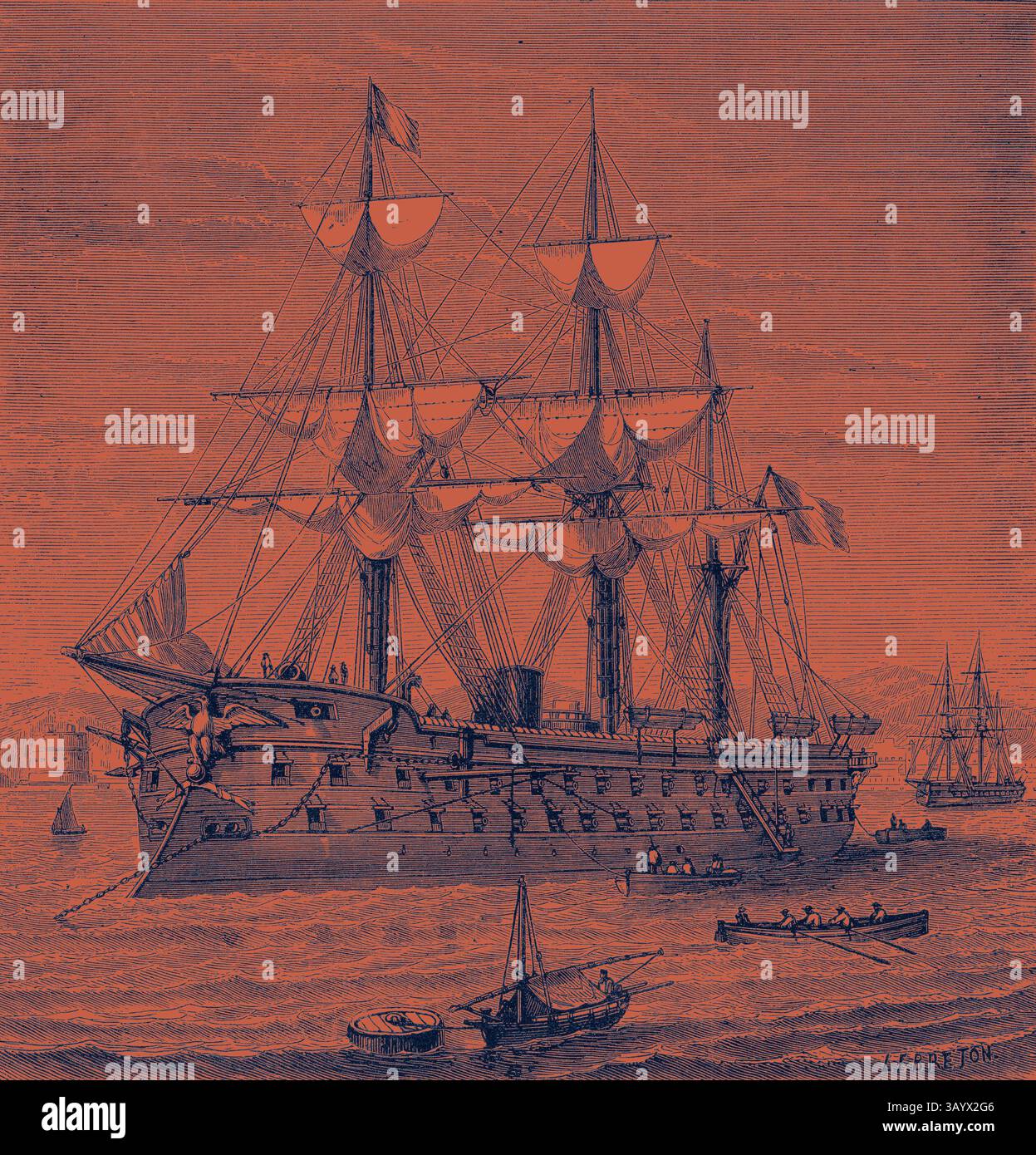 A majestic historical warship with towering sails and ornate rigging ...