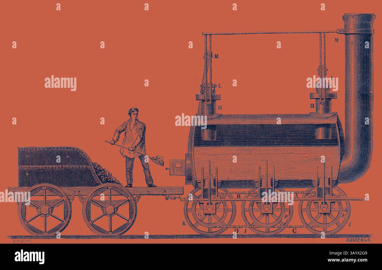 A vintage illustration of a steam locomotive, showcasing a man standing ...