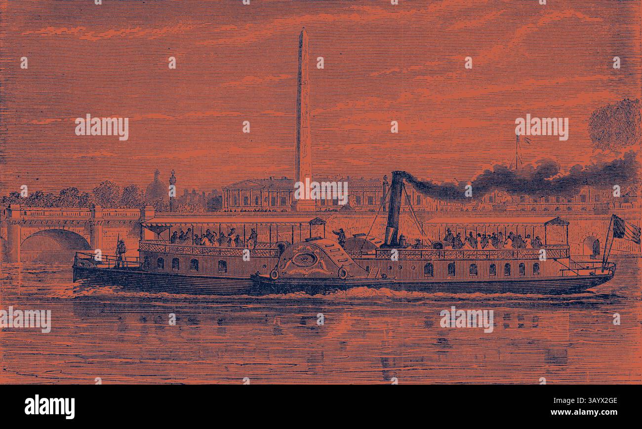 A steam-powered riverboat glides along a bustling waterway, with a ...