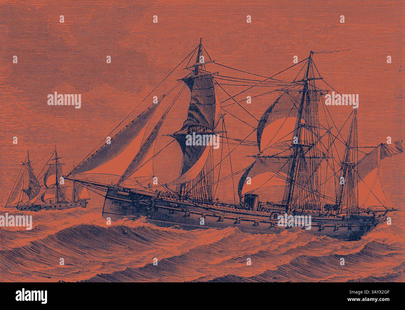 A majestic ship with billowing sails navigates through turbulent waters ...