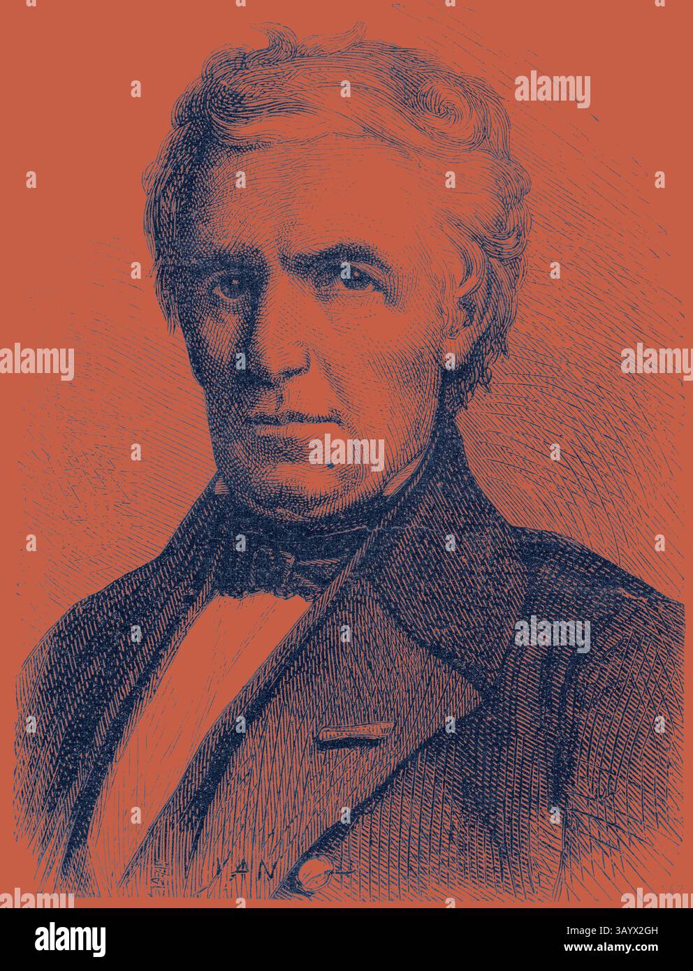 A dignified portrait of a man with tousled hair, wearing a formal coat ...