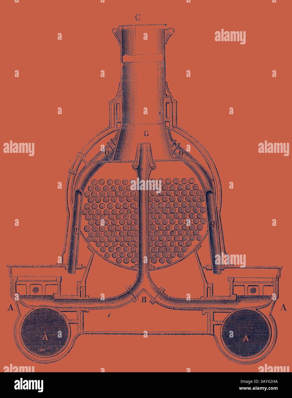 A detailed technical illustration of a steam boiler, showcasing its ...