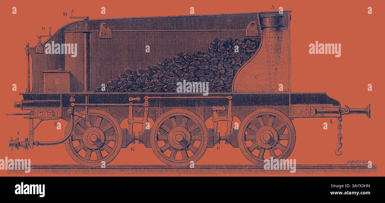 An illustrated side view of a vintage coal wagon, featuring a large ...
