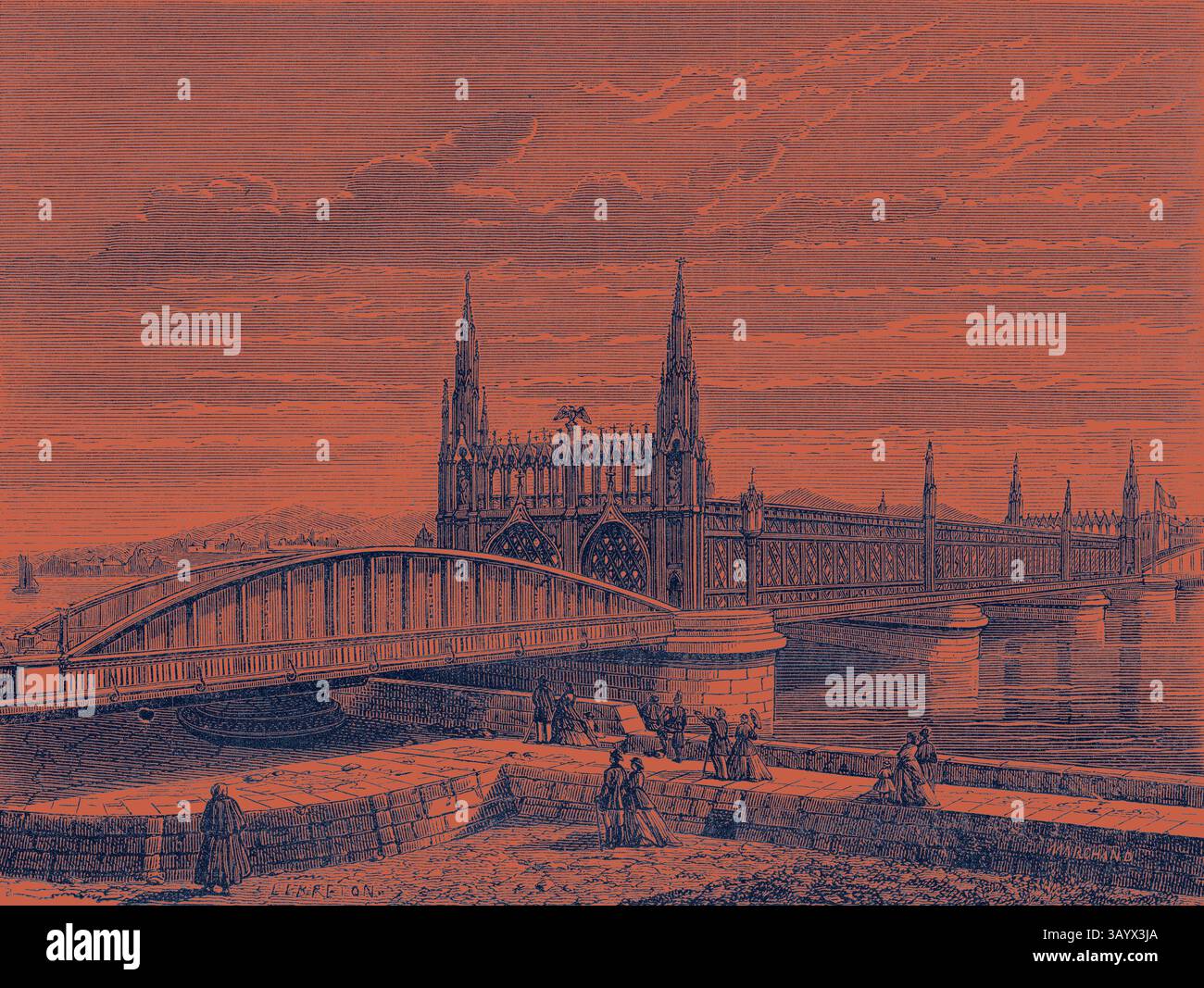A striking depiction of an ornate bridge leading to a grand gothic ...