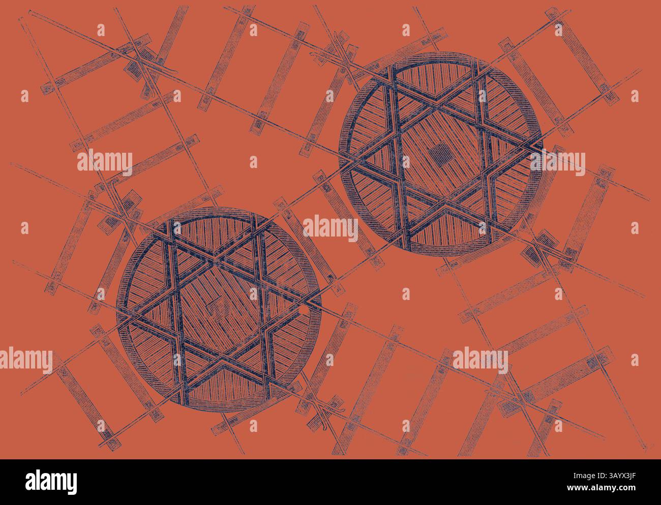 Two intricate circular designs intersect with a series of intersecting lines and angles, set ...