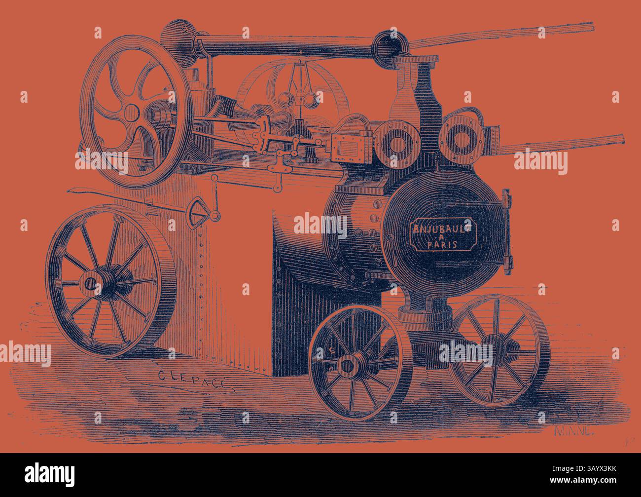 An intricate illustration of a vintage steam engine, featuring large ...