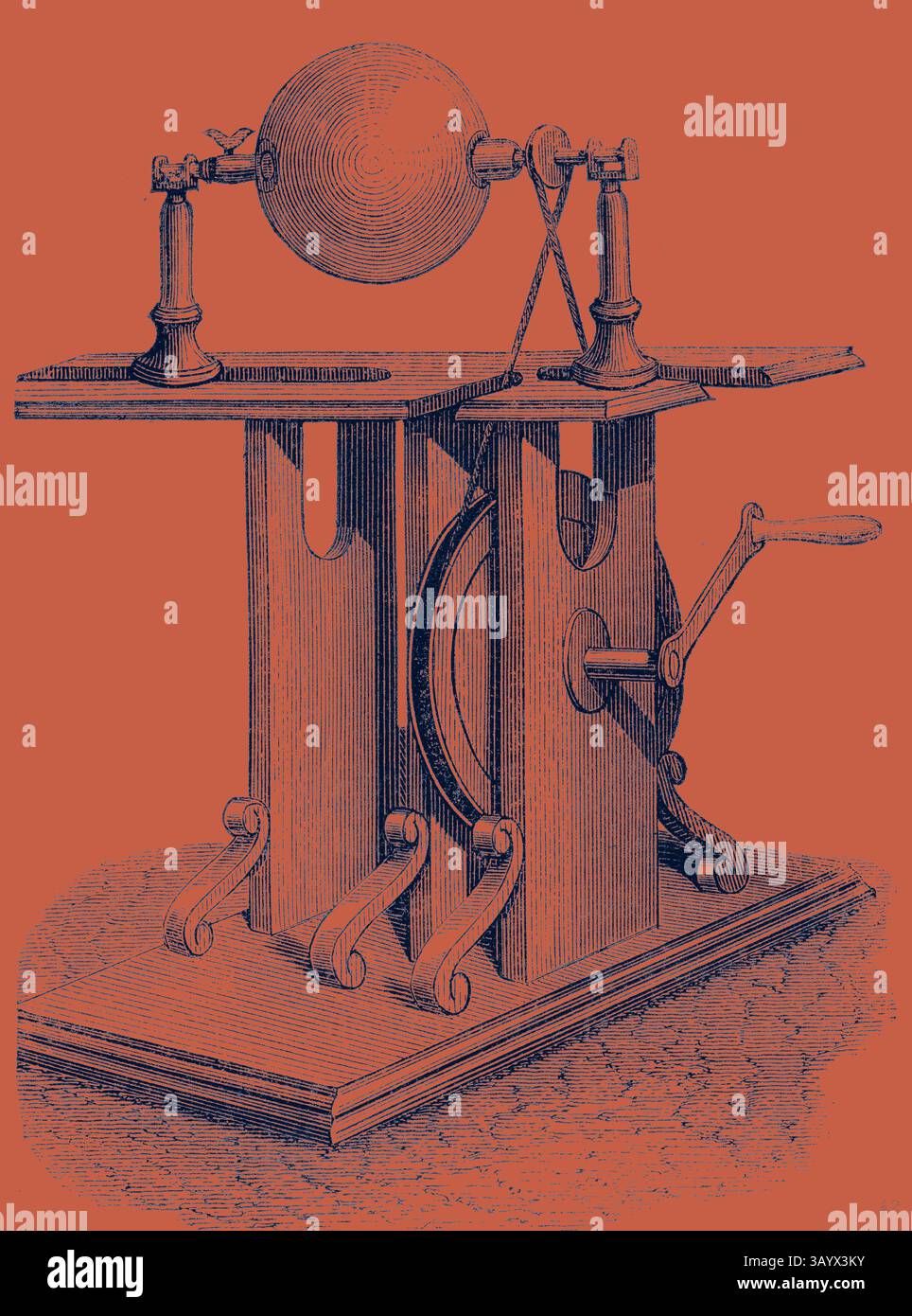 An intricate illustration of an early electrostatic machine, featuring ...