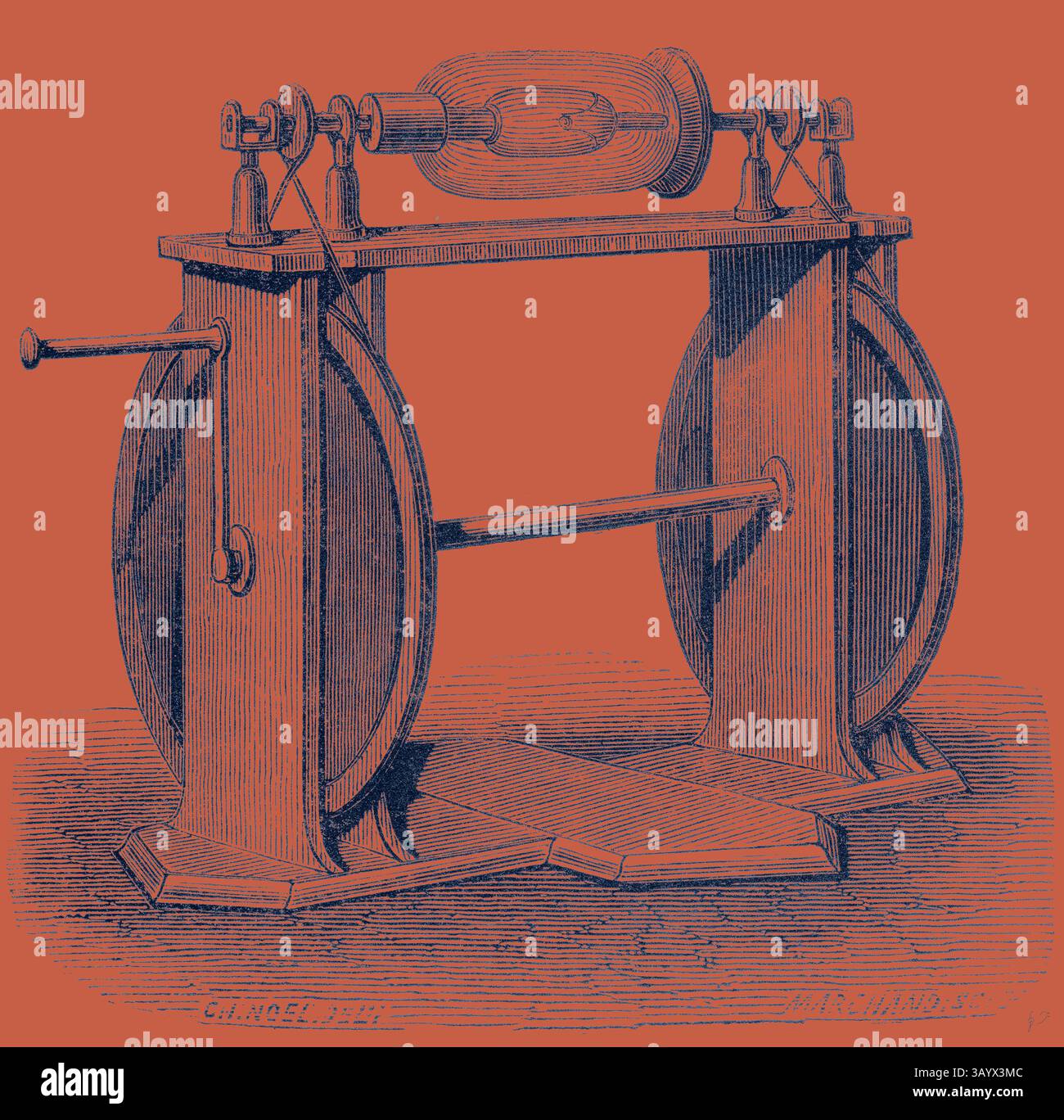 A vintage hand-cranked device featuring two large wheels, designed for ...