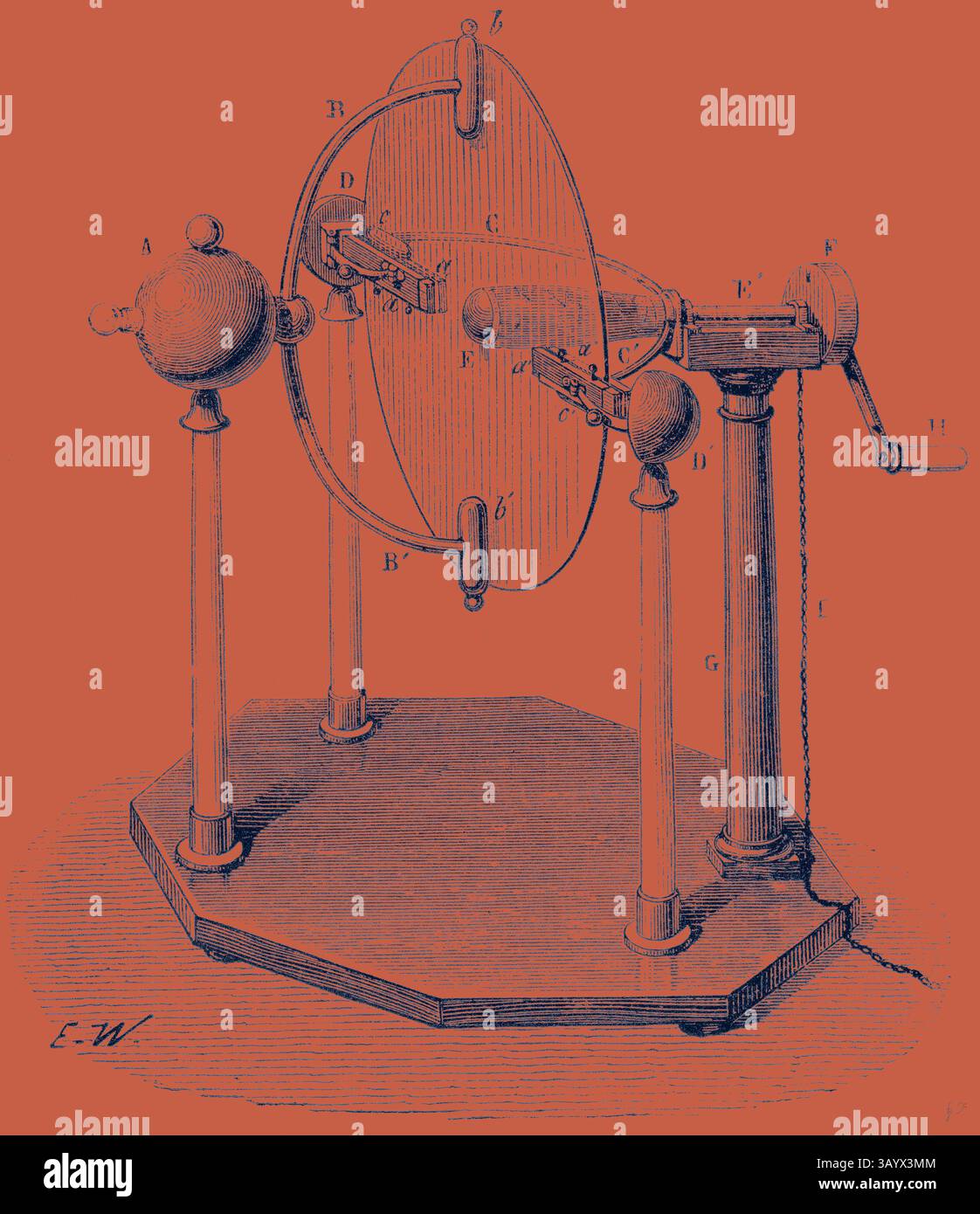 A vintage scientific apparatus featuring a spherical object on the left ...