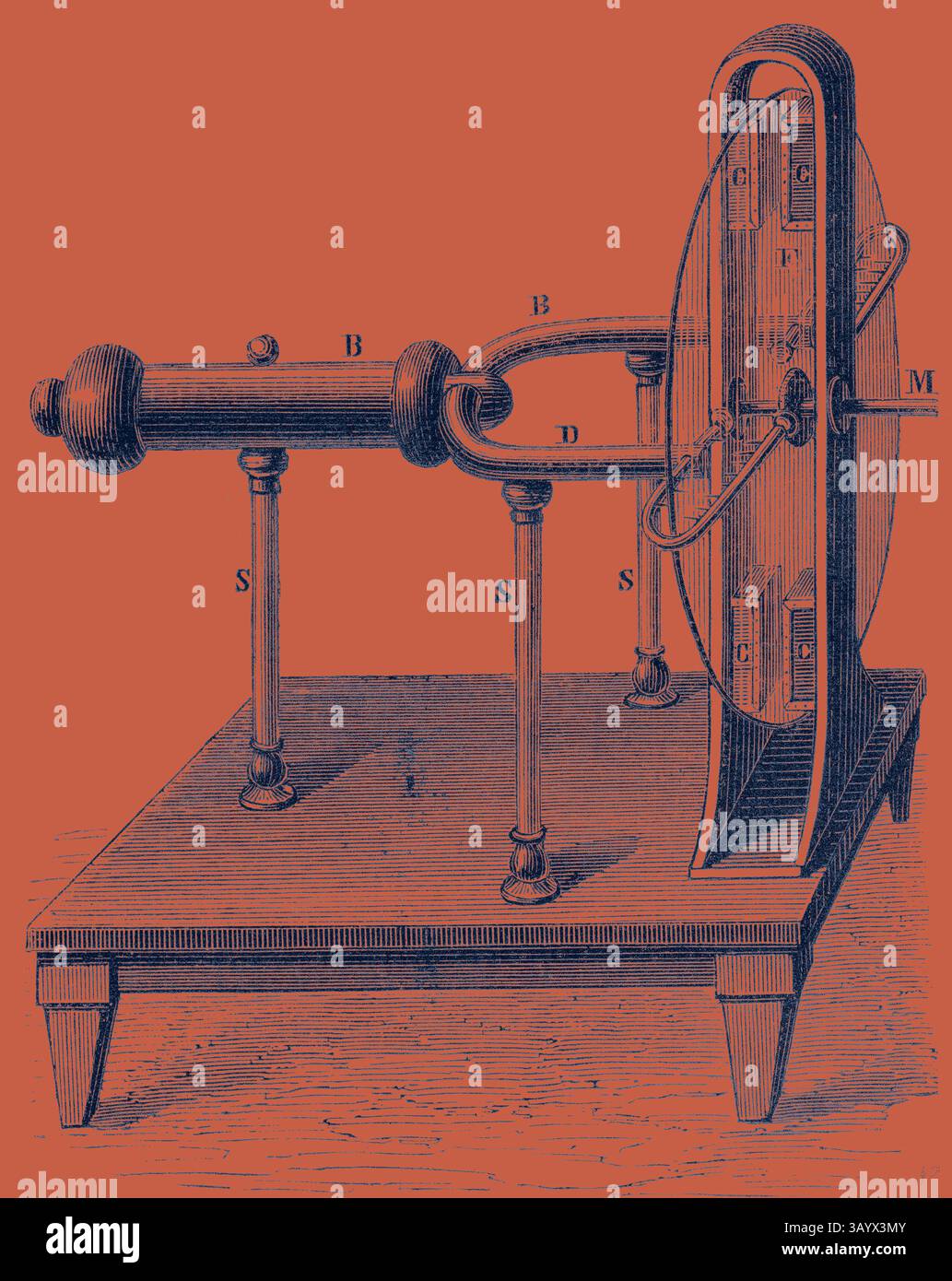 An intricate illustration of a mechanical device featuring a circular ...