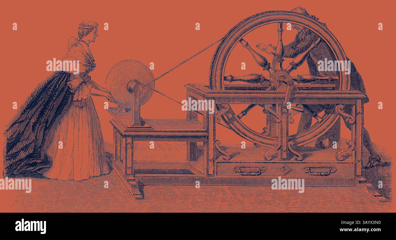 A historical scene depicting two individuals operating a large ...