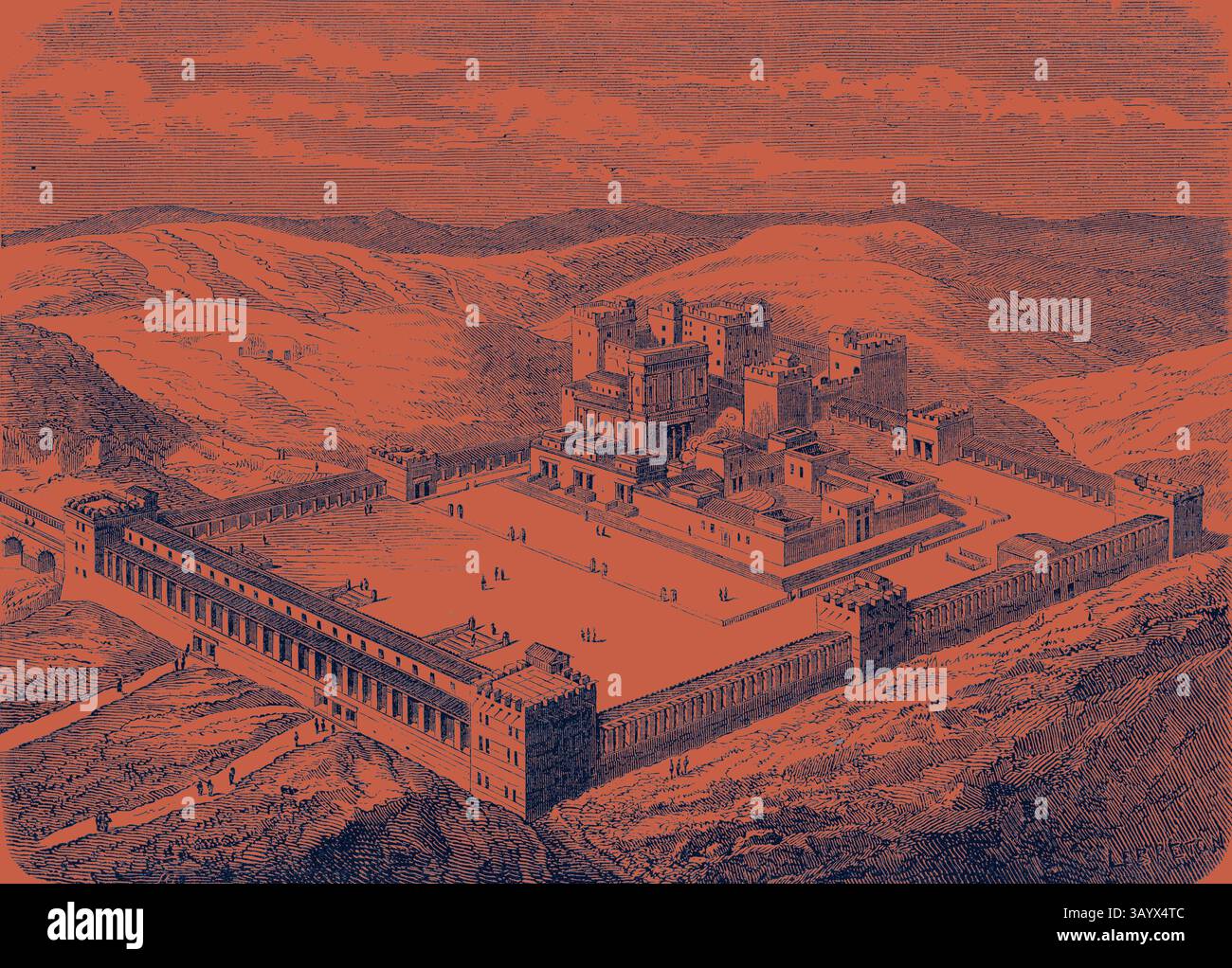 An intricate fortress sits atop a hillside, surrounded by rugged ...