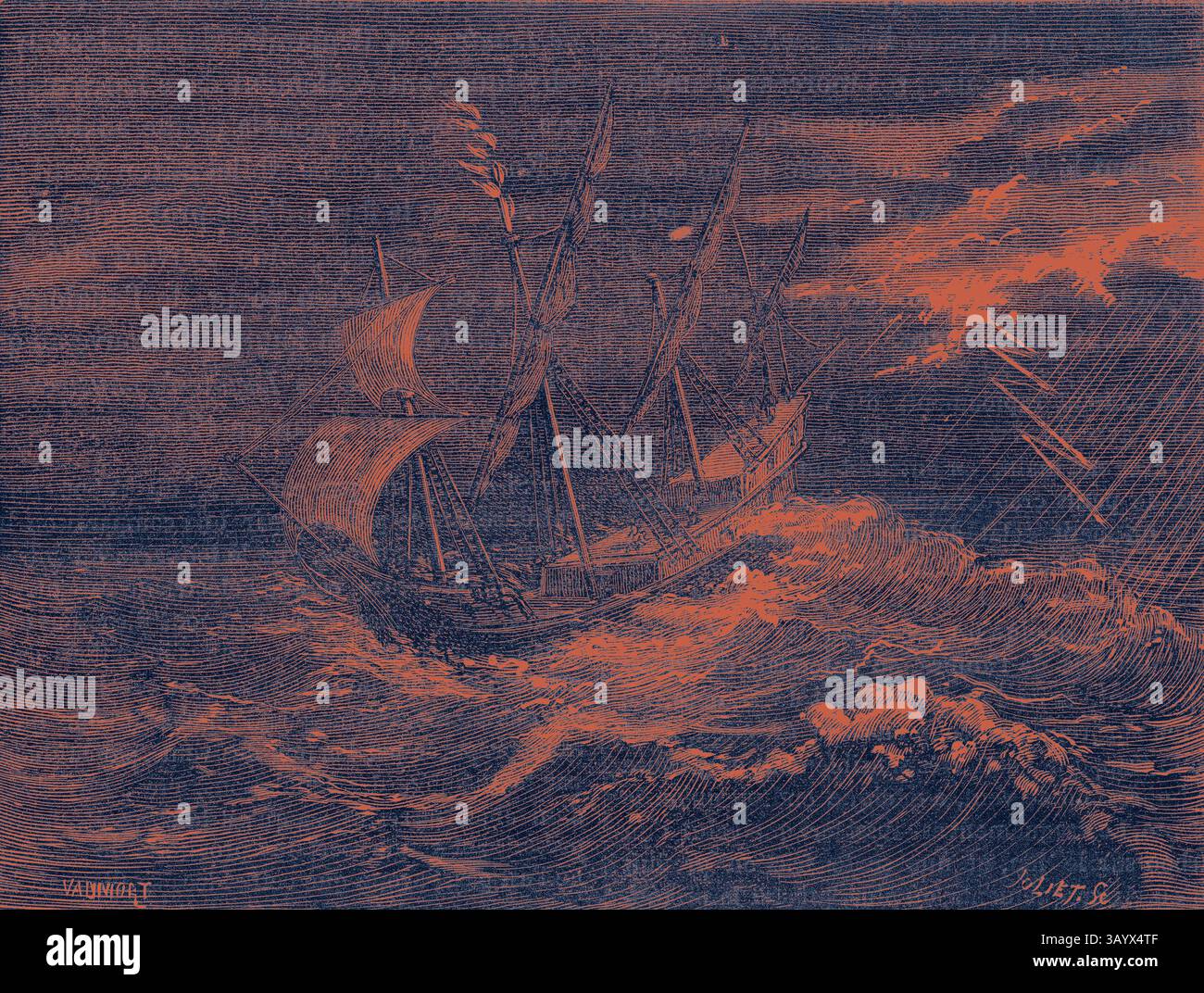 A vintage ship battles tumultuous waves under a stormy sky, with sails ...