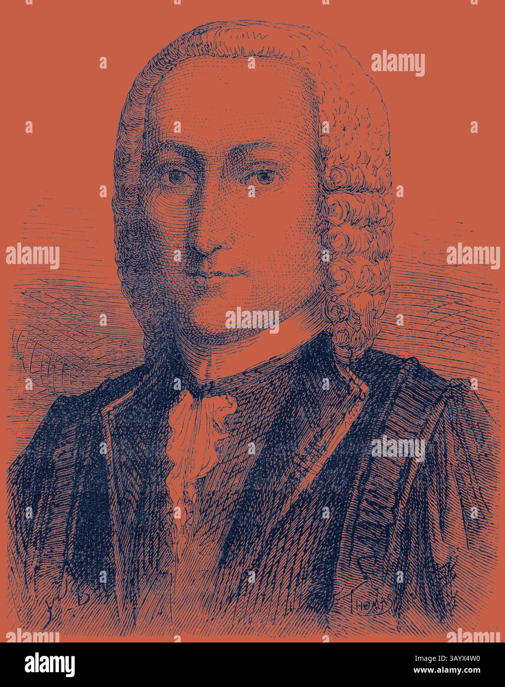 A portrait of a man in period attire, featuring elaborate curly hair ...