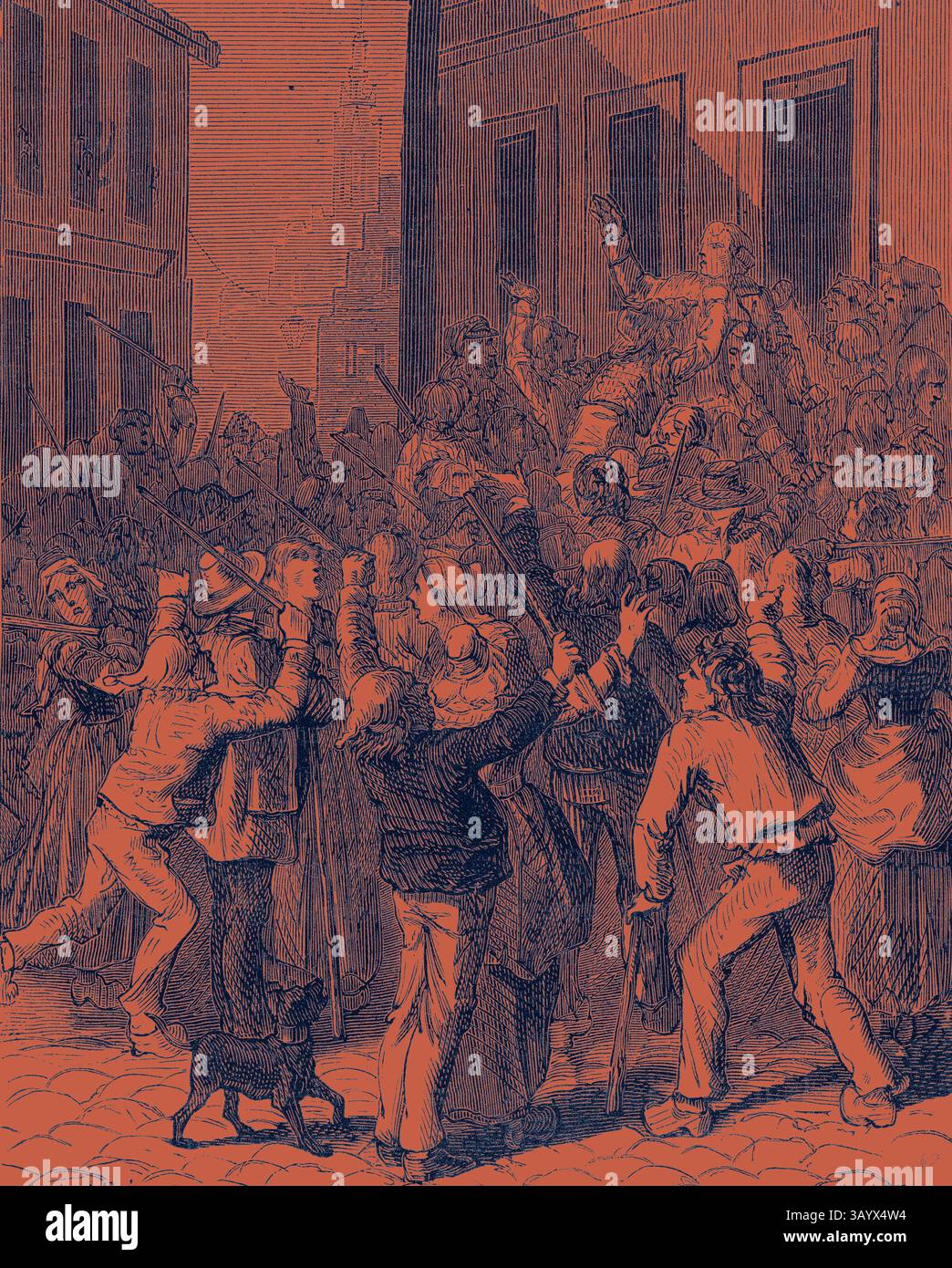 A tumultuous crowd gathers in a narrow street, raising their fists in a ...