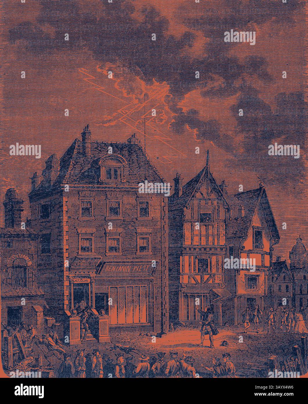 A bustling street scene features distinct buildings with varying ...