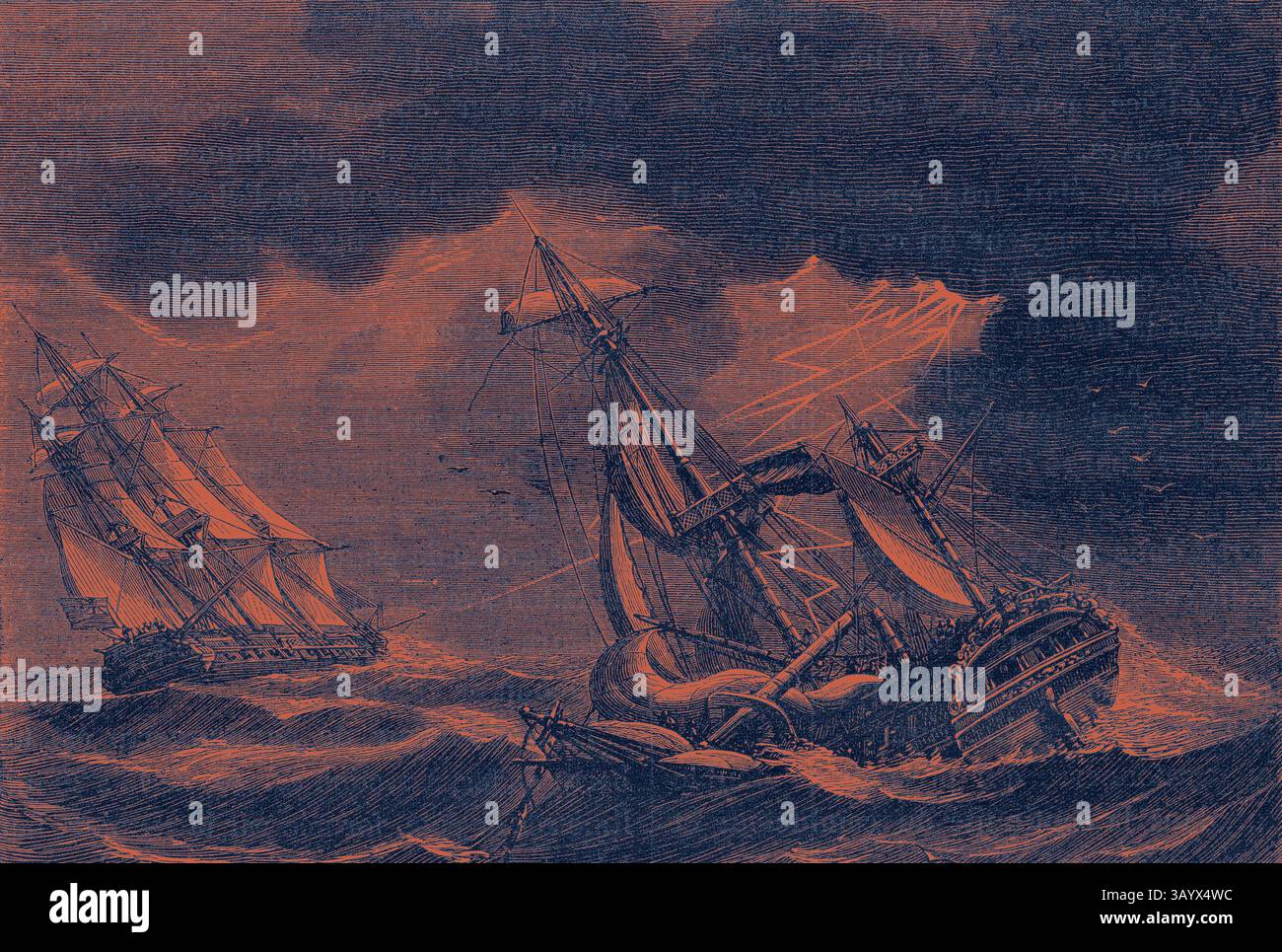 A dramatic seascape featuring two ships battling turbulent waters, one ...