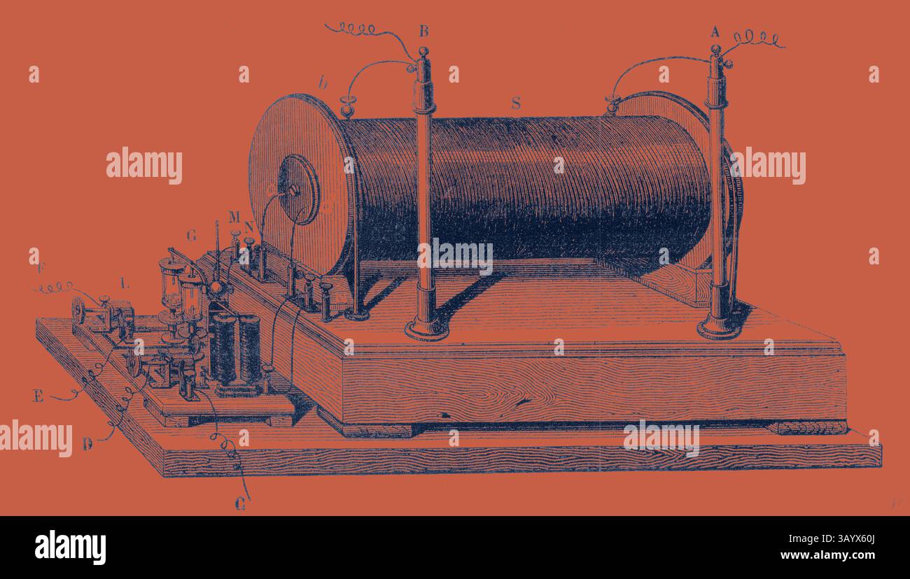 An early electrical apparatus featuring a large cylindrical coil ...