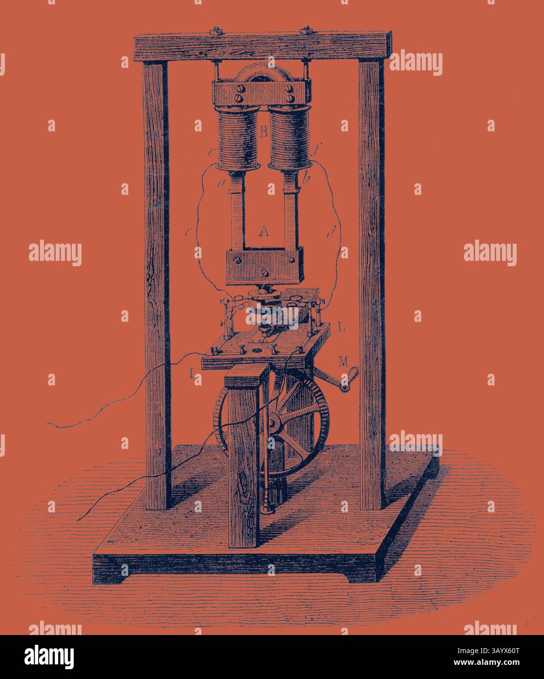 An illustration of an early mechanical device, featuring a vertical ...