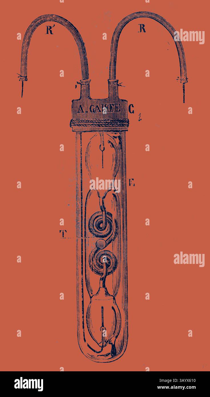 An intricate scientific apparatus featuring a cylindrical glass ...