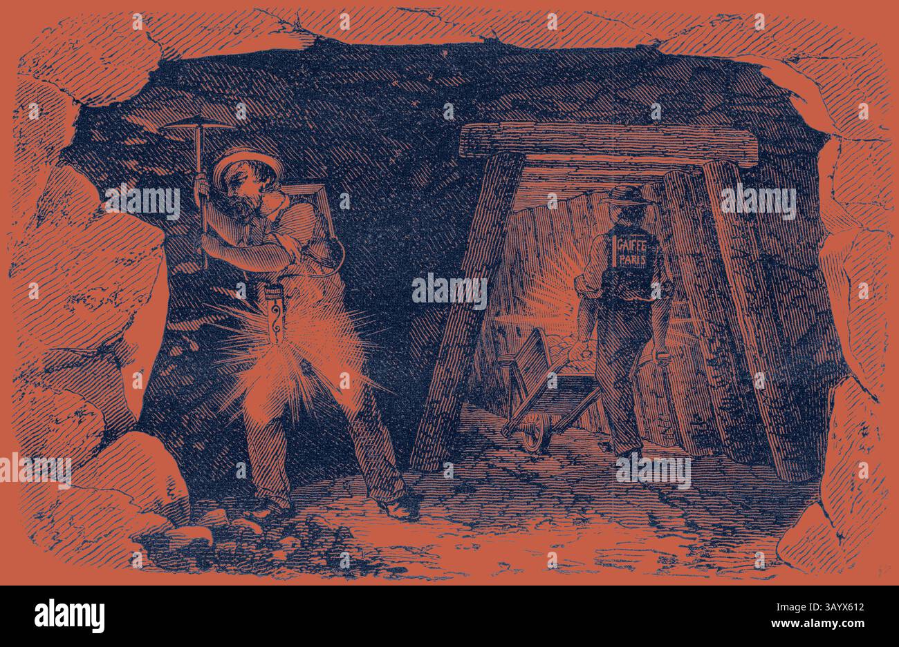 Two miners are depicted inside a tunnel, one using a pickaxe to break ...
