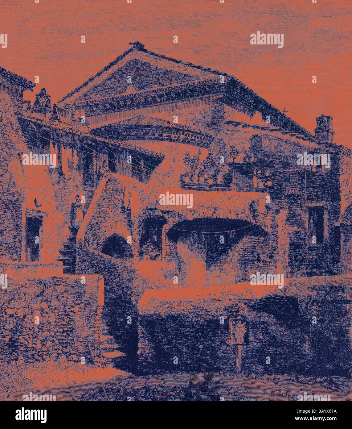 A quaint village scene featuring rustic buildings, archways, and a ...