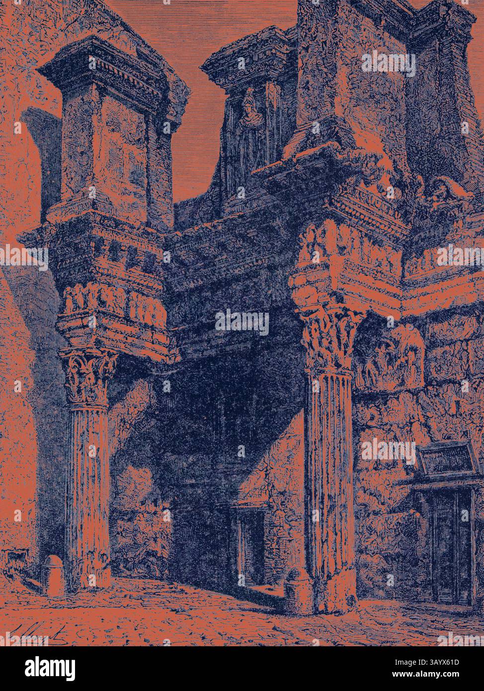 An intricate architectural illustration showcases a grand, ancient ...