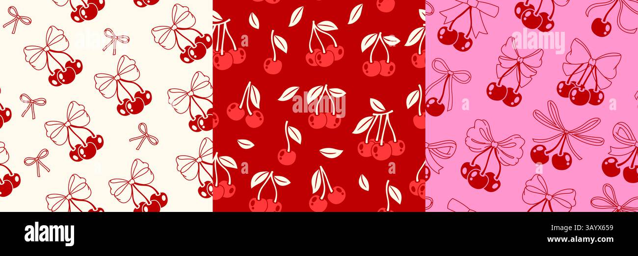 Cherry pattern. Bow ribbon print of cherries, ripe red berries with ...