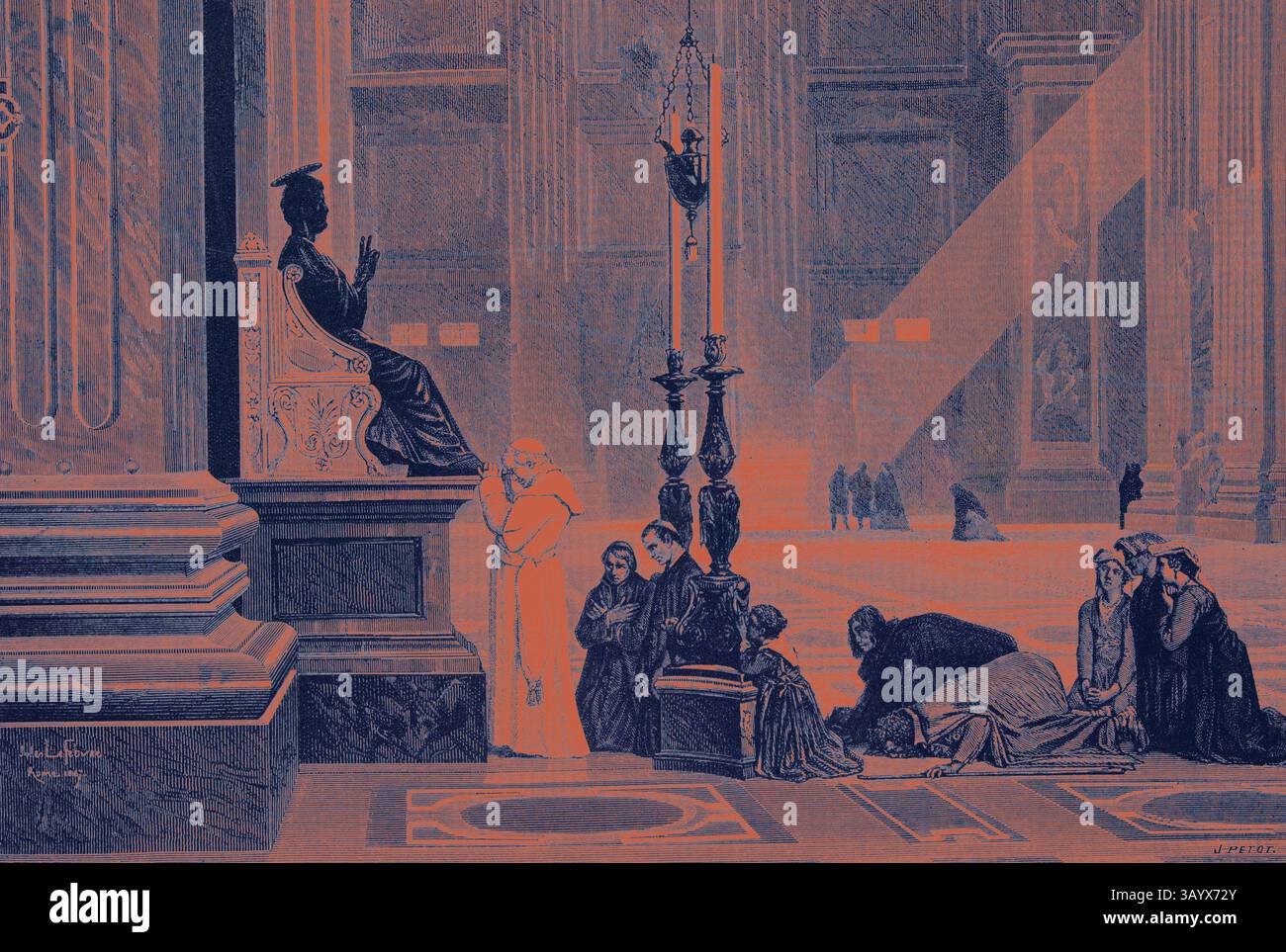 A solemn gathering takes place within a grand architectural space ...