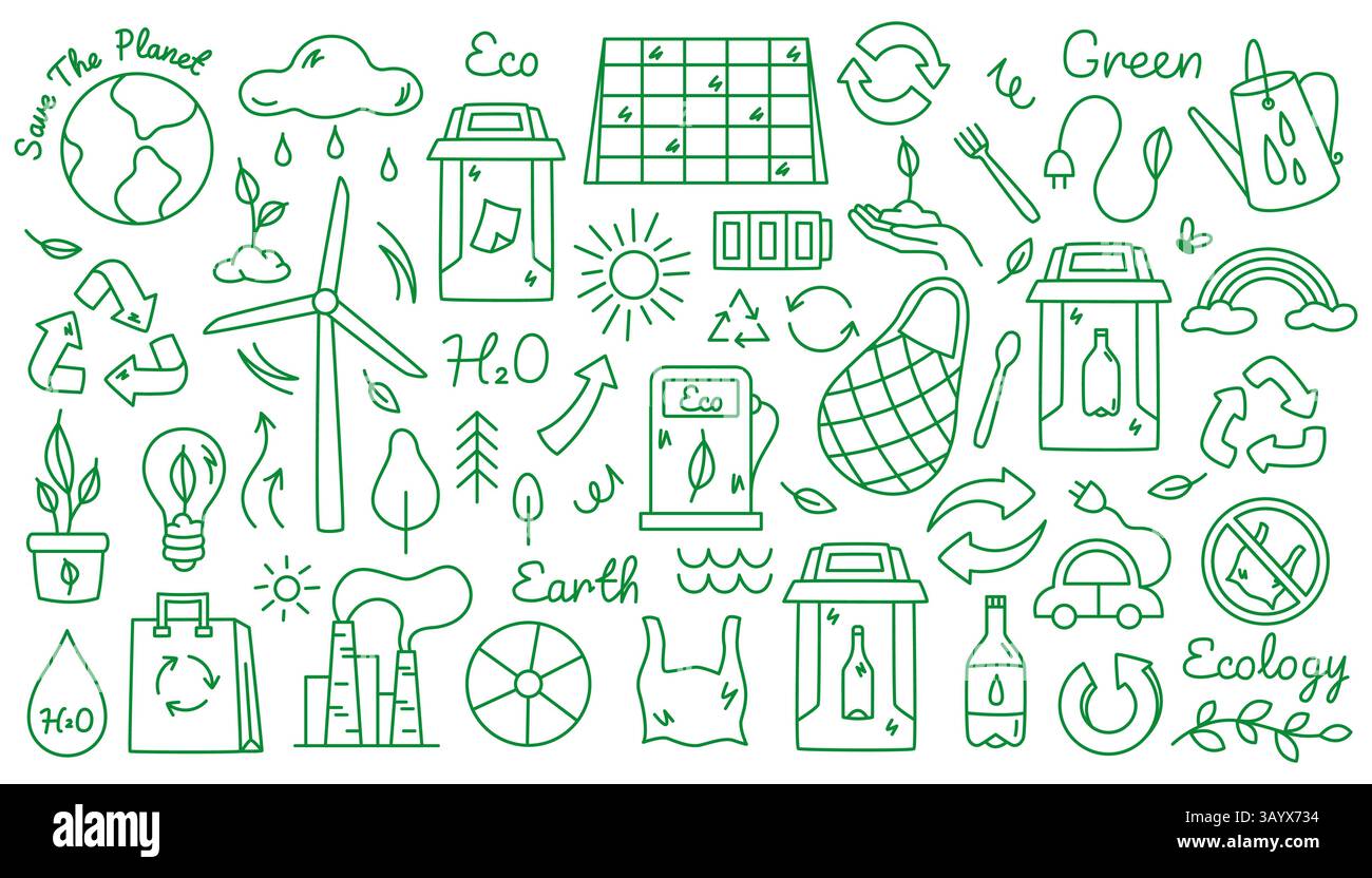 Doodle eco icons. Recycle green renewable energy sketch and ecology ...