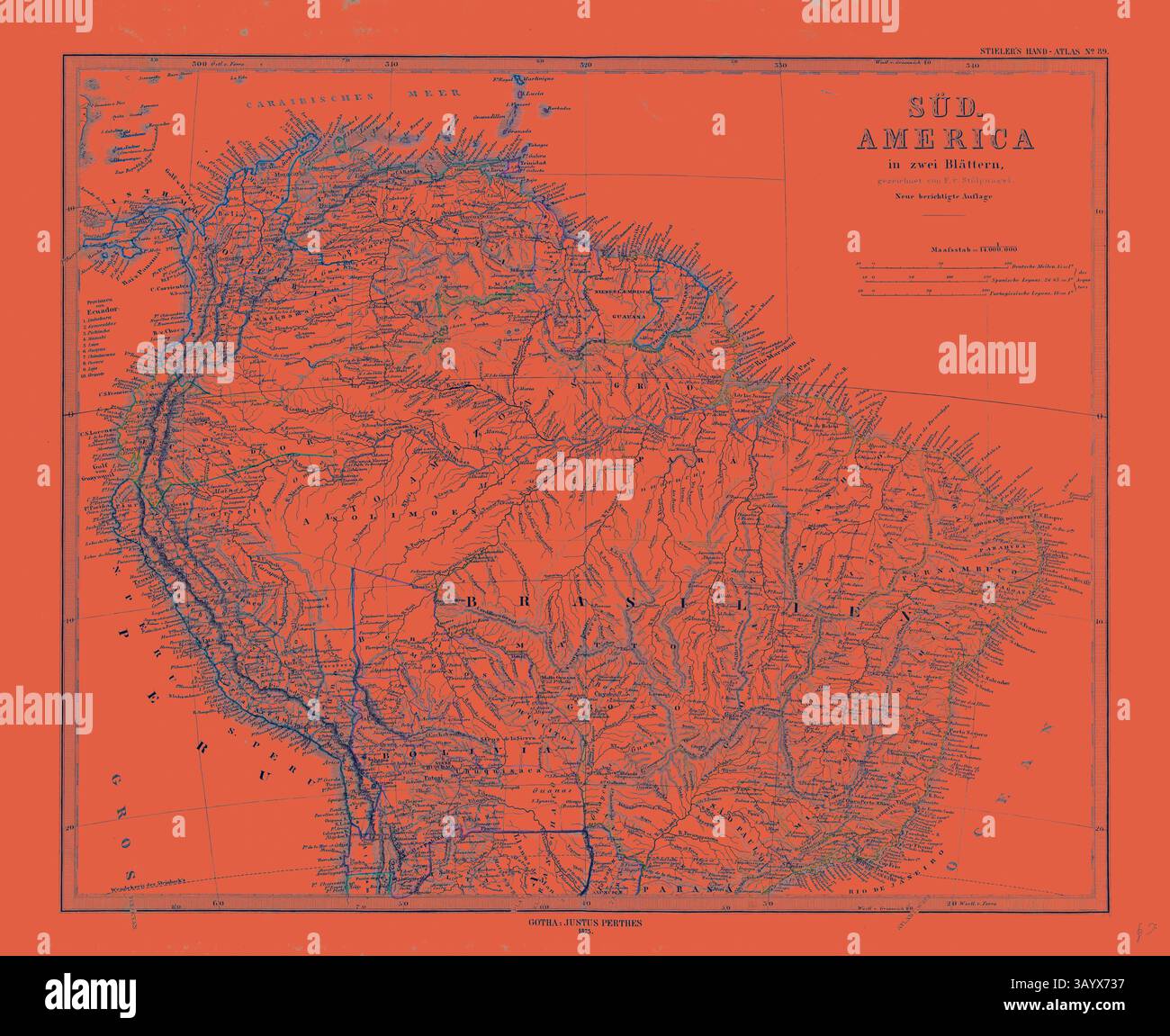 A vintage map of South America, prominently displaying geographical ...