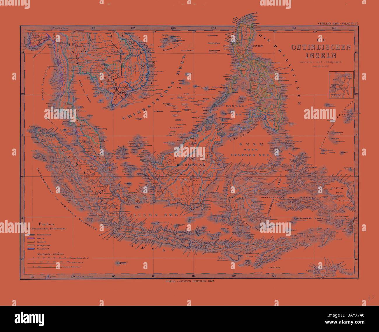 A historical map of the East Indies, featuring detailed coastlines ...