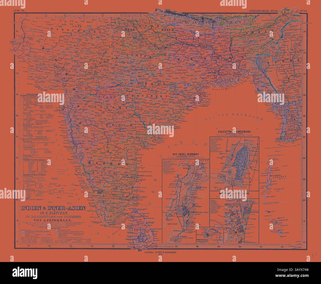 A historical map of India and adjacent regions, featuring detailed ...