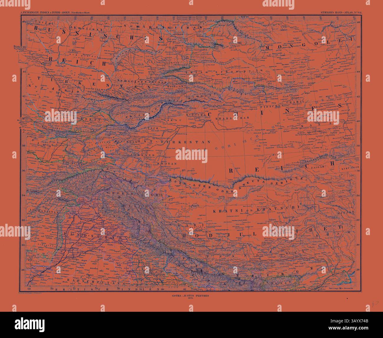 A vintage map showcasing the region of Central Asia, featuring detailed ...