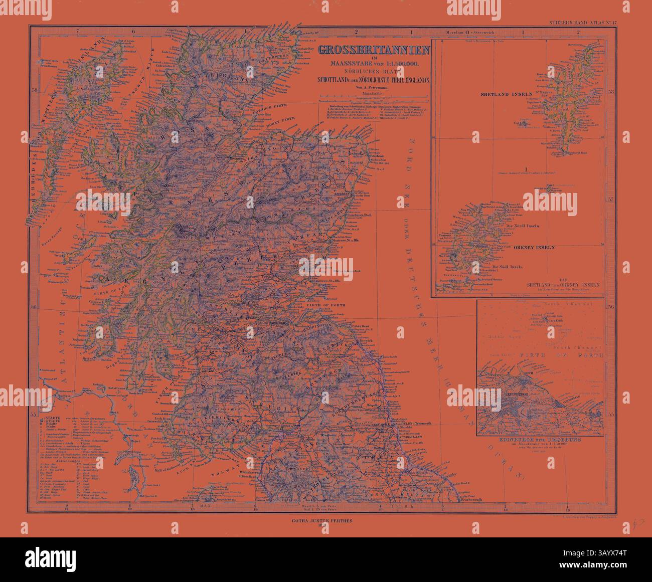 A vintage map of Scotland, featuring detailed geographical markings ...