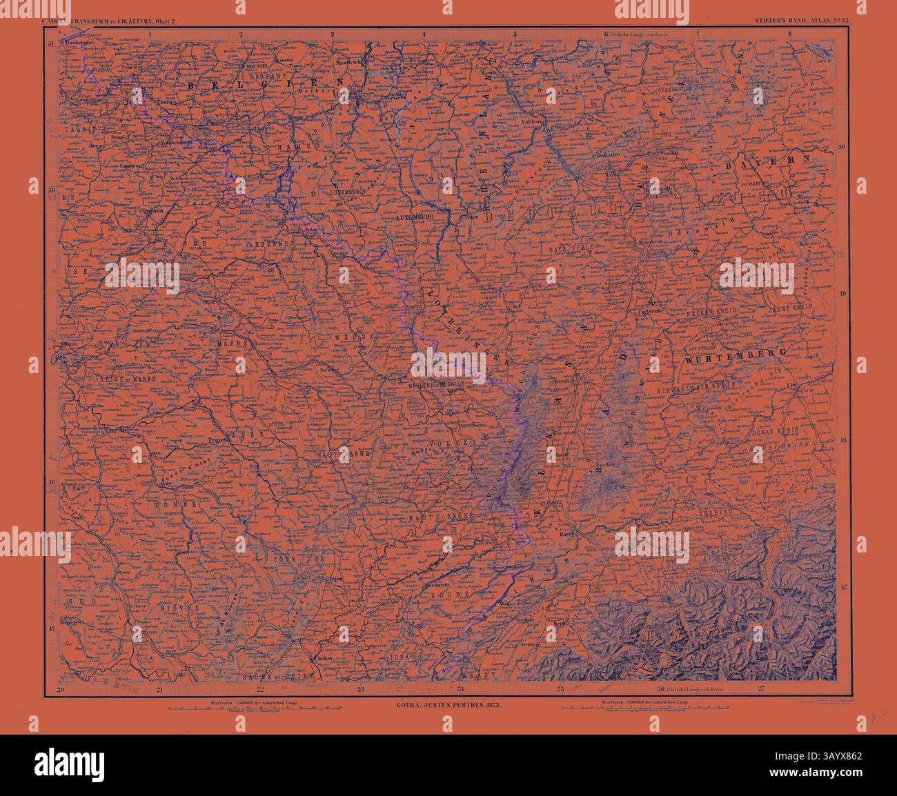 A detailed vintage map highlighting geographical features, towns, and ...