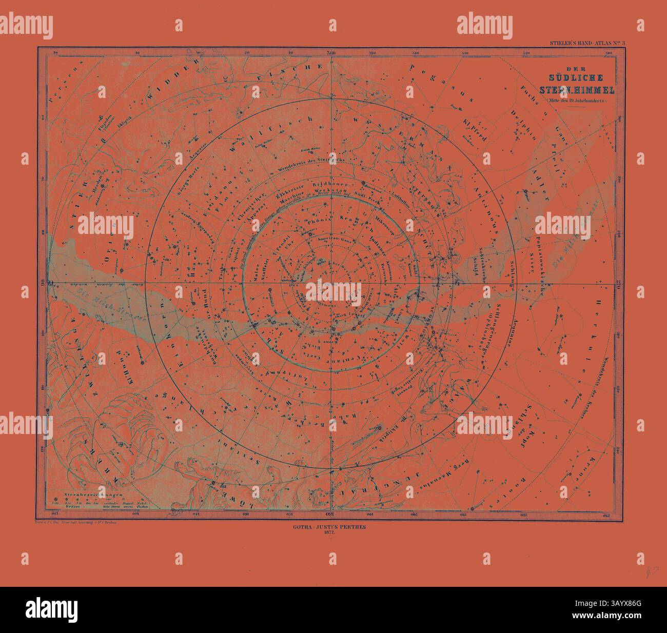 A celestial map illustrating the southern constellation patterns and ...