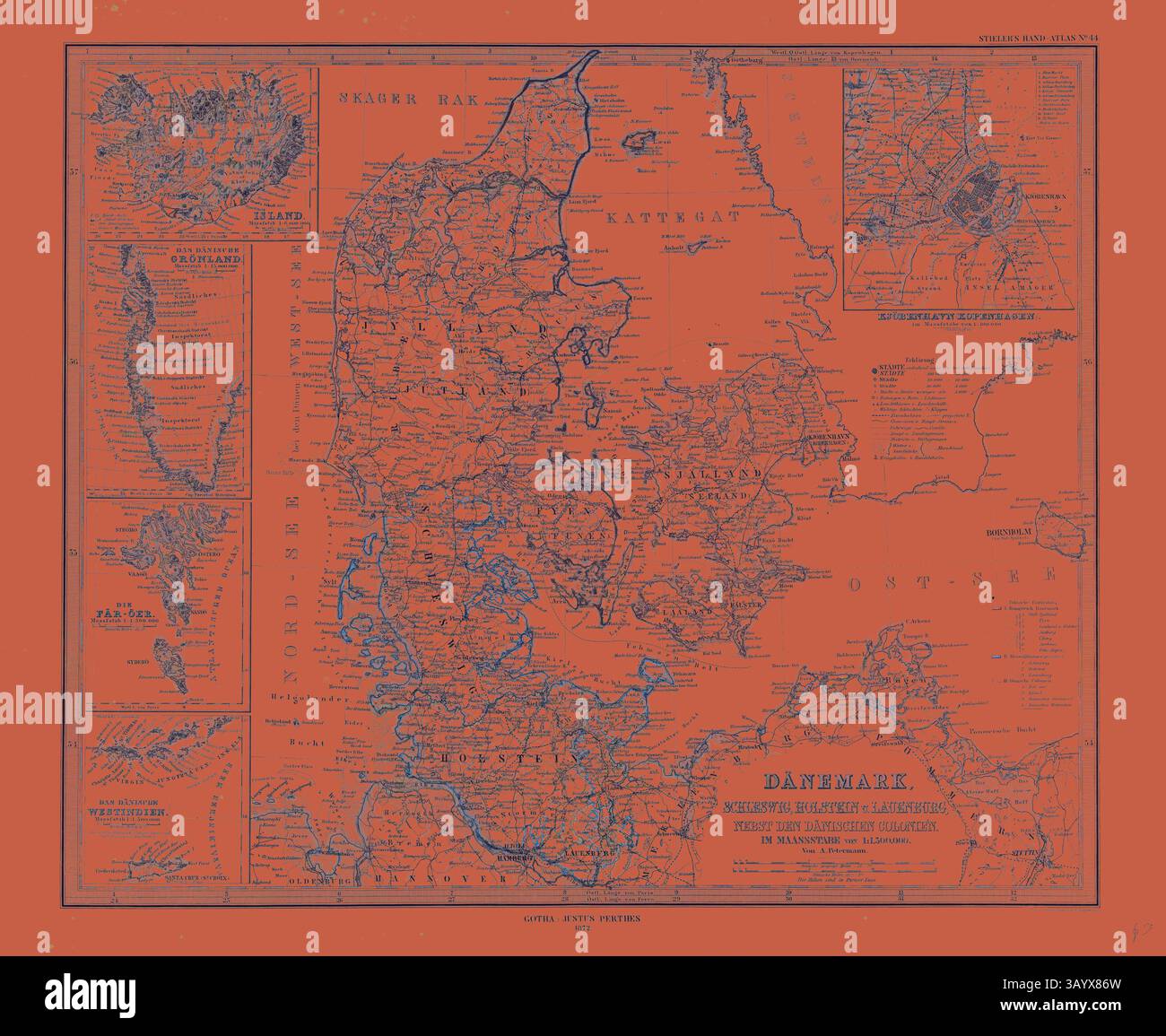 A historical map of Denmark, featuring detailed regional outlines and ...