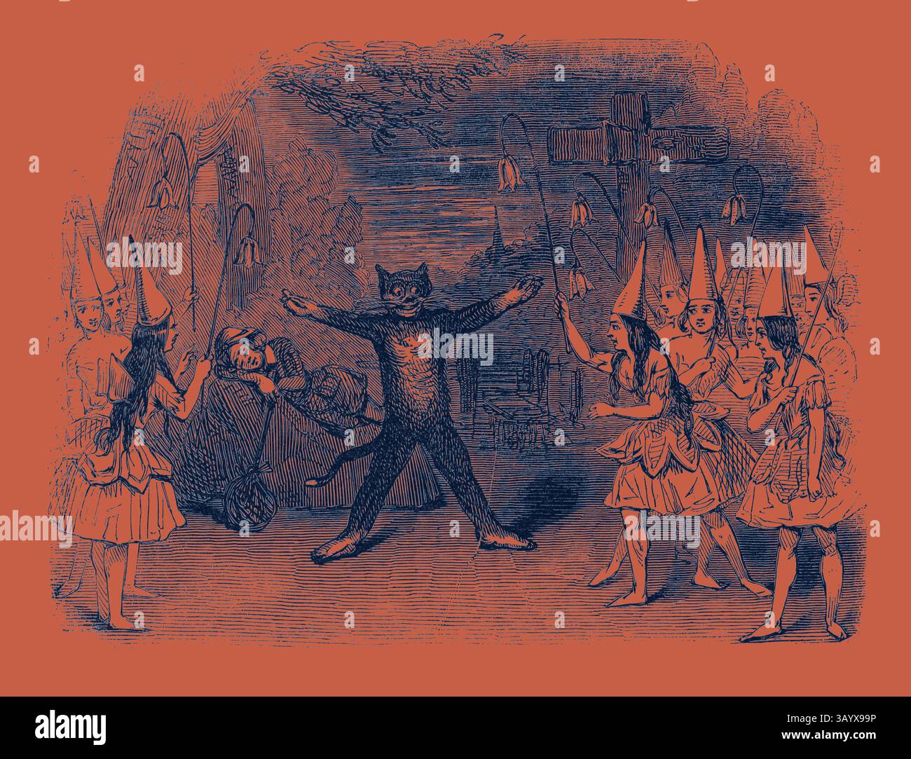 A whimsical scene unfolds with a group of individuals in pointed hats ...