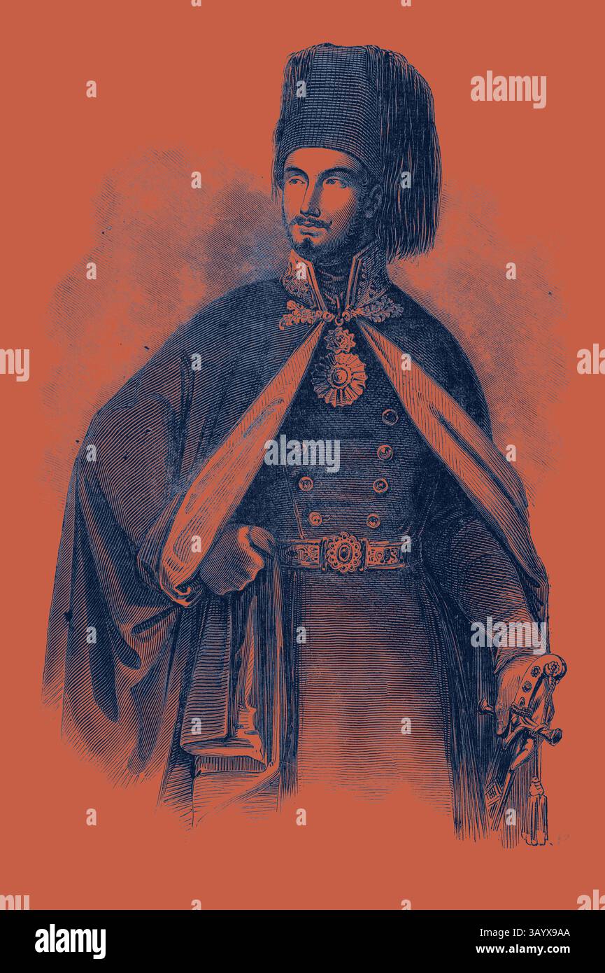 A regal figure stands confidently, dressed in an elaborate military ...
