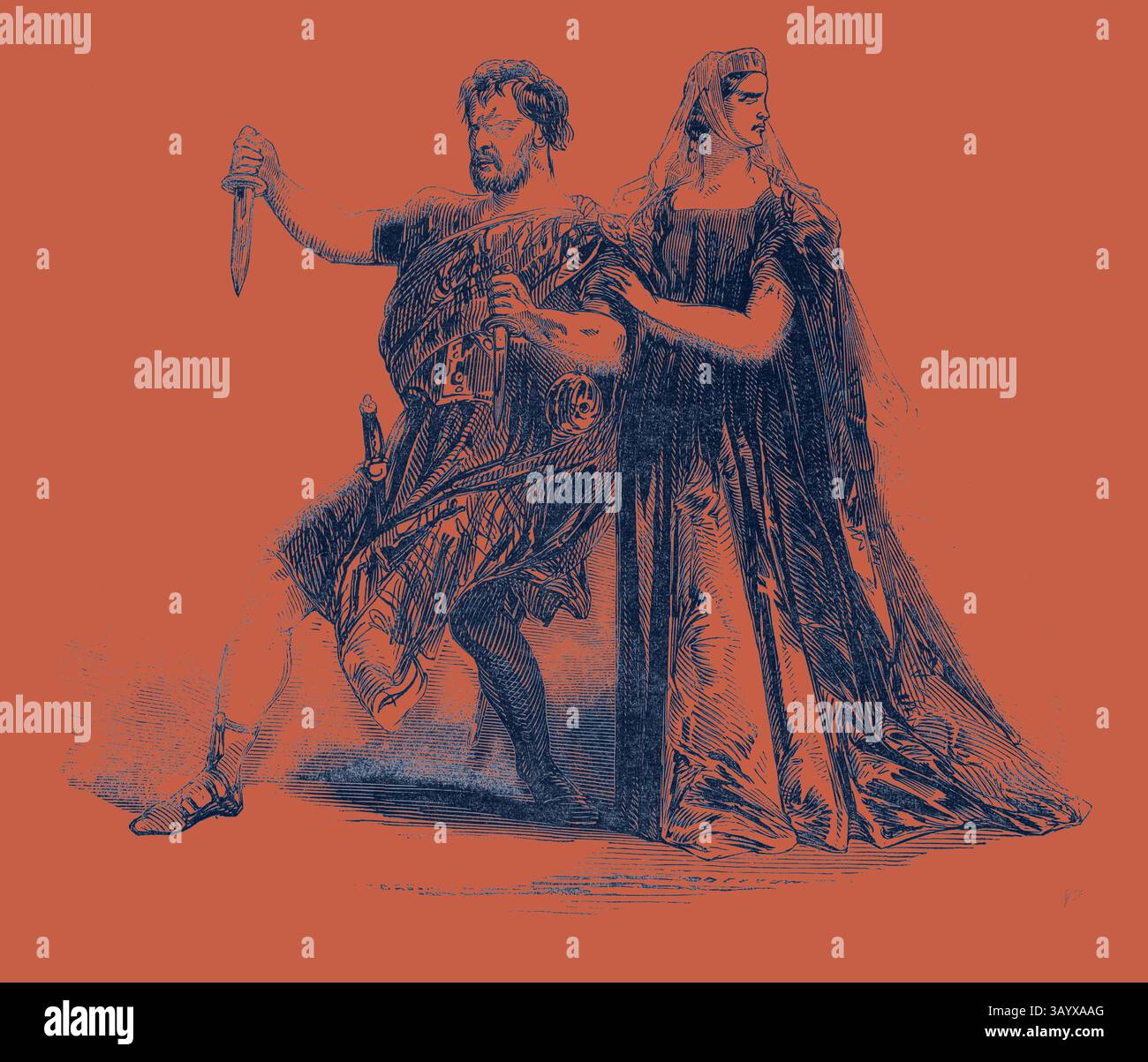 A dramatic scene depicting a fierce warrior brandishing a dagger, while ...