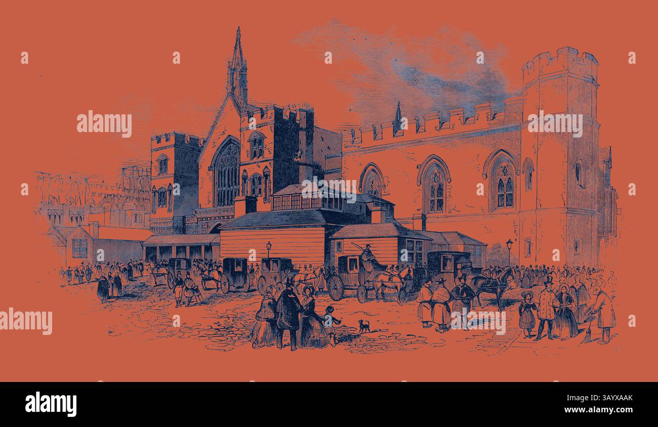 A bustling market scene unfolds in front of a grand medieval building ...