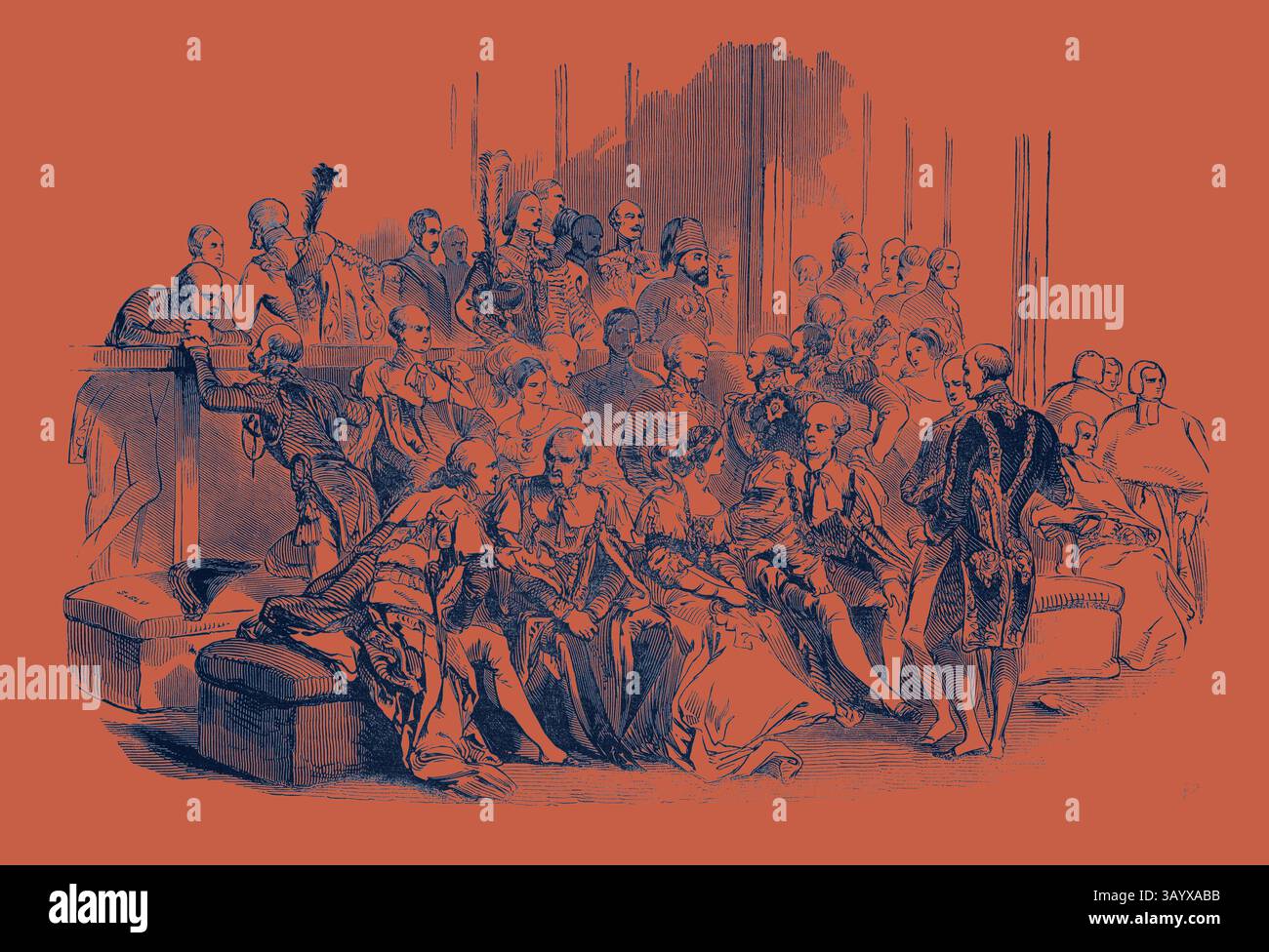 A historical gathering features elegantly dressed individuals engaged ...