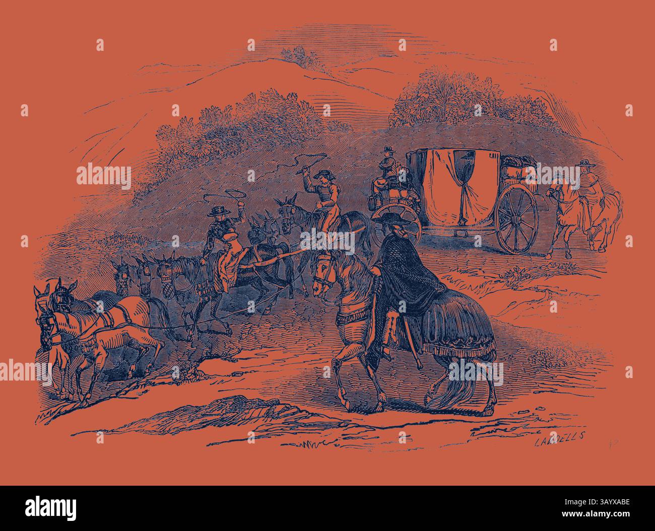 A group of riders and a carriage traverse a rugged landscape, with ...