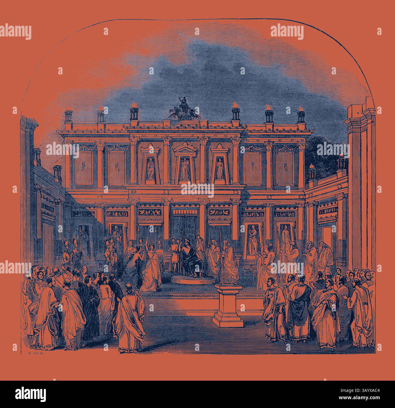 A grand architectural scene depicting an assembly of people in ...