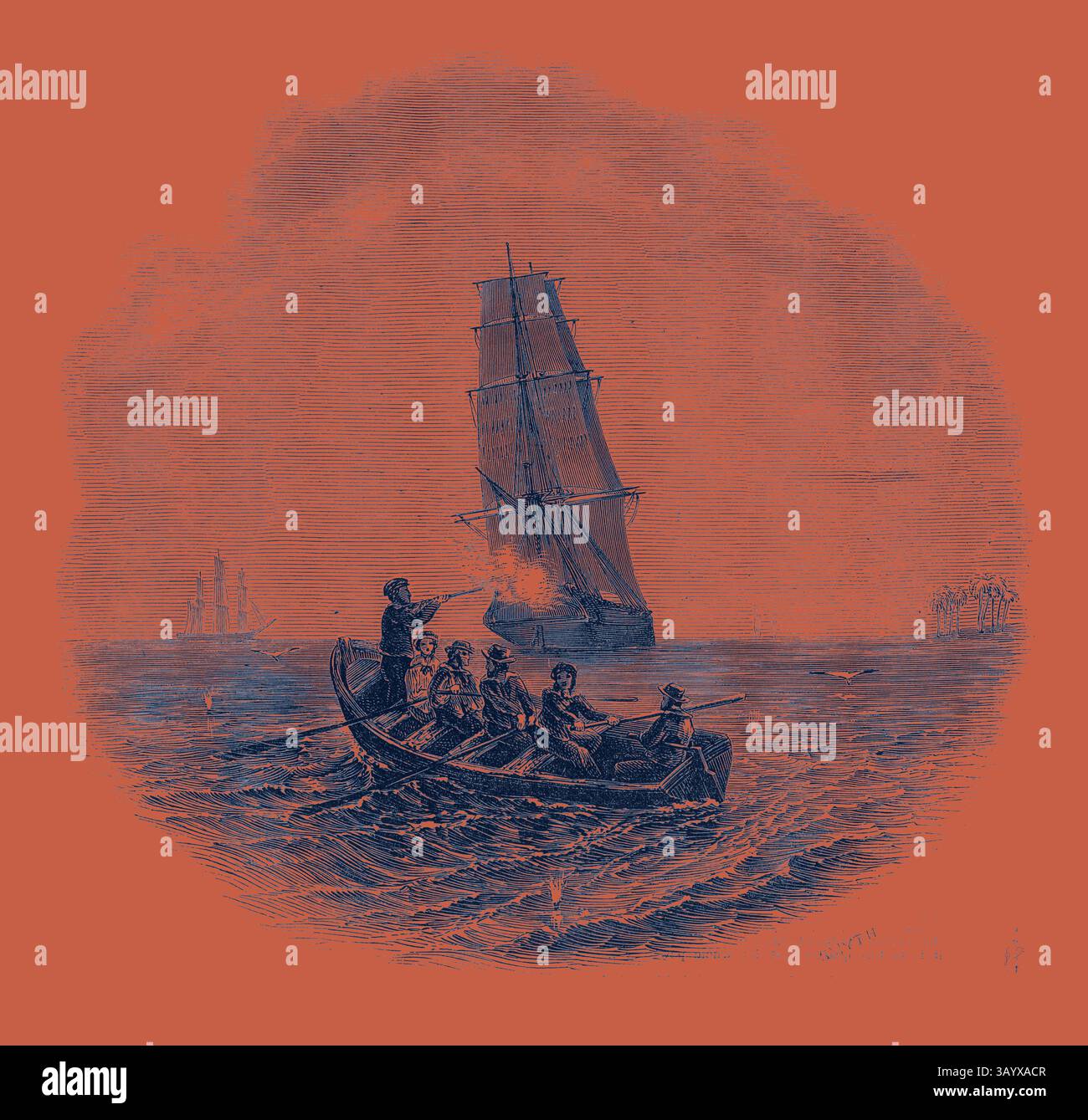 A small rowing boat with several people onboard approaches a larger ...