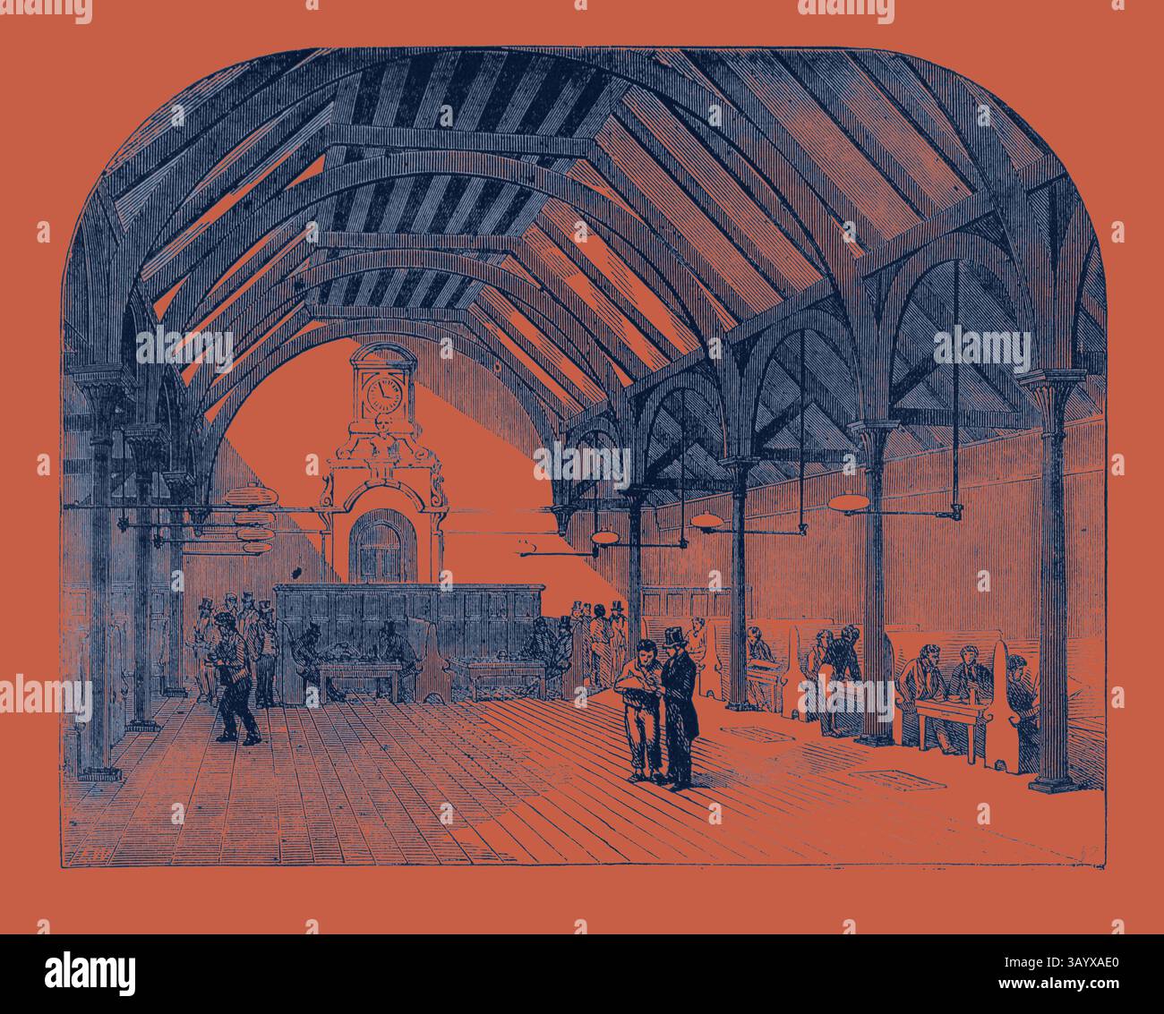 An expansive interior space with high arched ceilings, featuring wooden ...