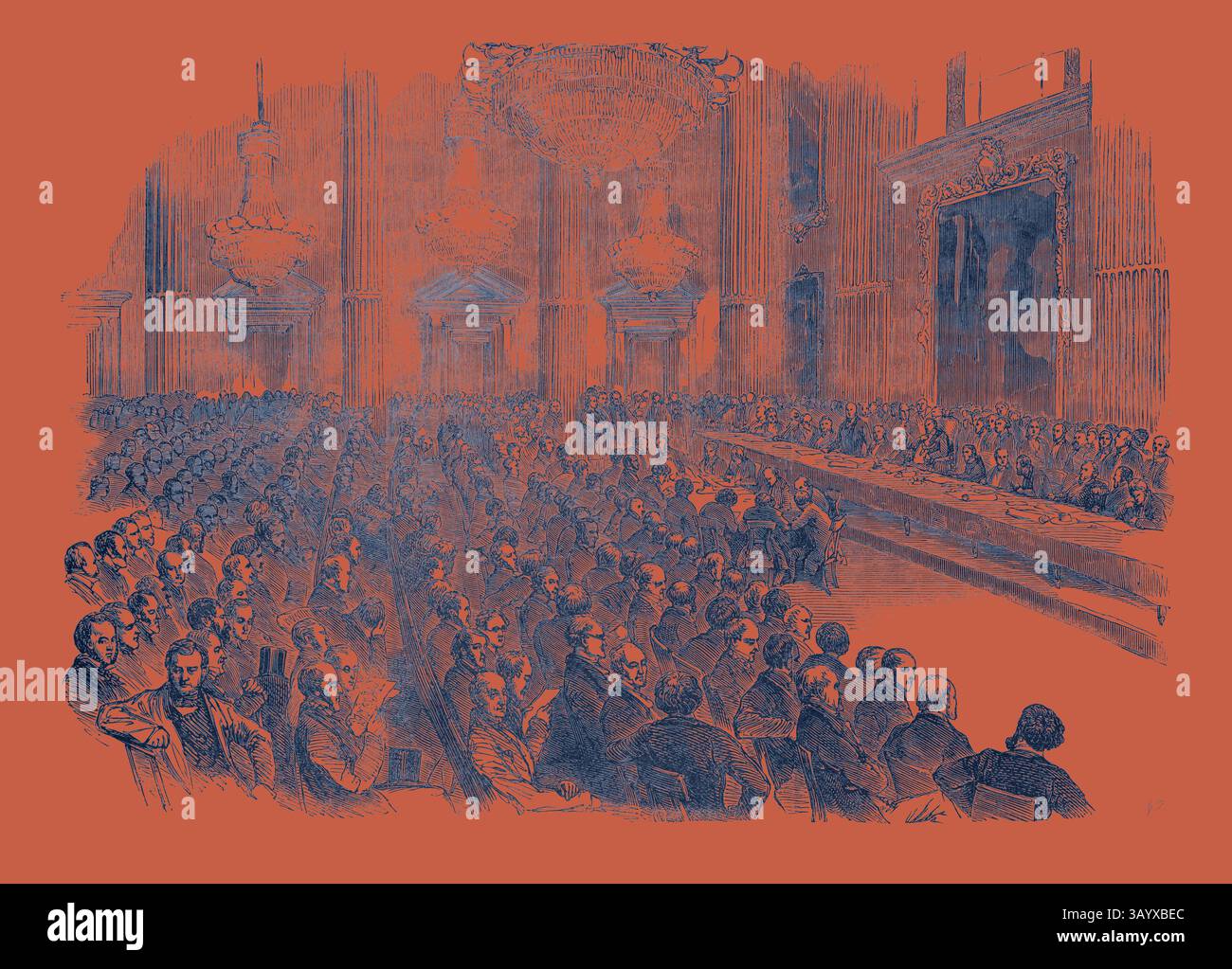 A large assembly takes place in an opulent hall, with numerous ...