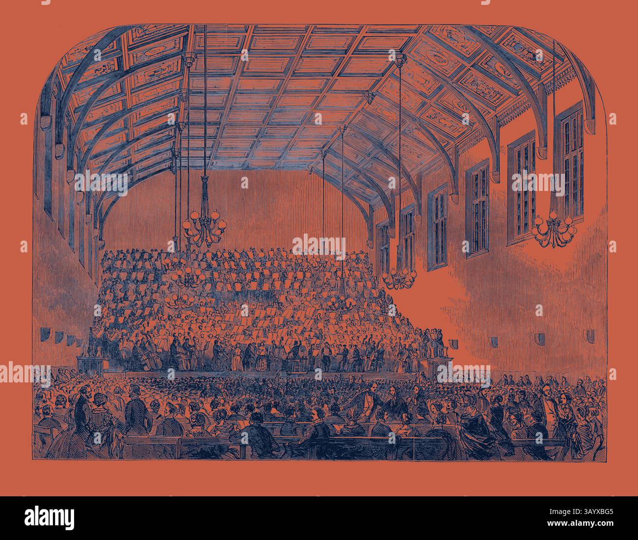 A grand interior scene depicting a large assembly gathered for an event ...