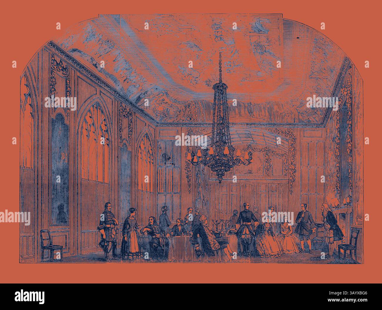 An elegant dining room scene depicts a formal gathering, with guests ...